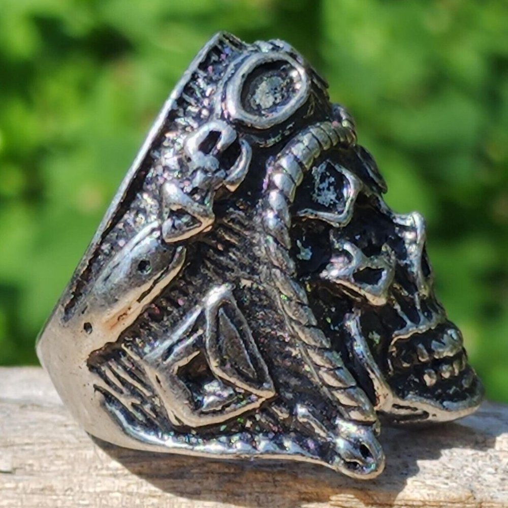 Badass Large Biker Gang Skull Silver Steel Ring - Siz… - Gem